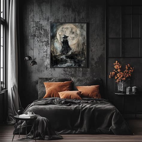 Witchs Moonlit Journey Silhouette Print Halloween Wall Art Dark