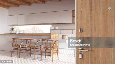 식사 아일랜드와 의자가 있는 현대적인 미니멀 주방에 열리는 나무 입구 문 나무 천장과 수지 바닥 인테리어 디자인 컨셉 아이디어 부엌에 대한 스톡 사진 및 기타 이미지