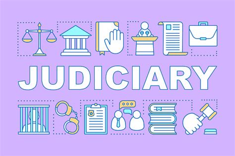 사법 단어 개념 배너입니다 사법 제도 형사 법원 가해자 처벌 프리젠 테이션 웹 사이트 선형 아이콘과 격리 된 문자 타이포그래피 아이디어 벡터 개요 그림 아이콘에 대한 스톡