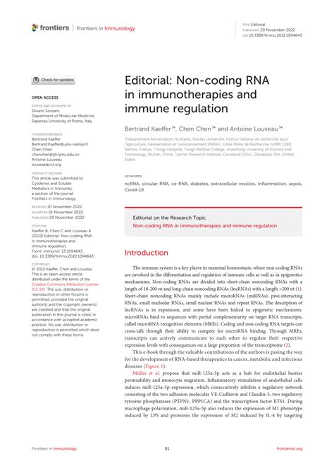 Pdf Editorial Non Coding Rna In Immunotherapies And Immune Regulation