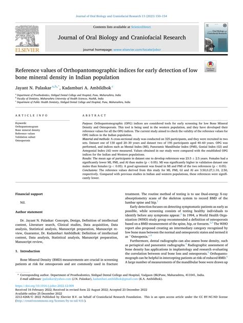 Pdf Reference Values Of Orthopantomogram Indices For Early Detection Of Low Bone Mineral
