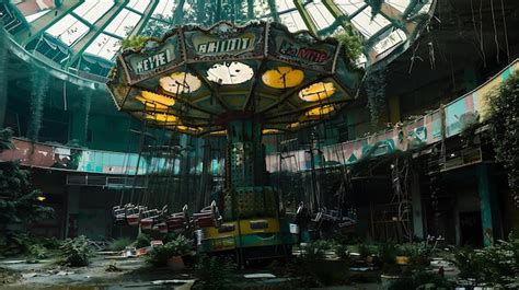 Abandoned Carousel In A Greeneryovergrown Building Premium Ai