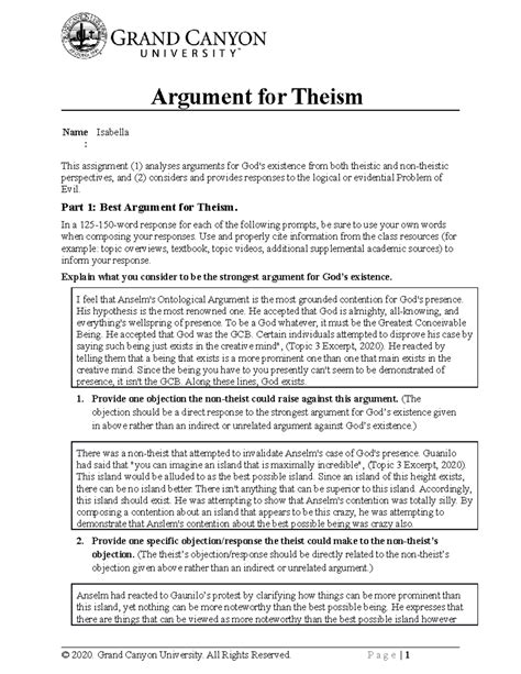 PHI 103 RS T3Argumentfor Theism Problemof Evil Argument For Theism Name Isabella This