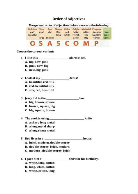 Order Of Adjectives Esl Activity