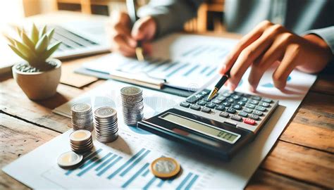 Close Up Of Hands Calculating Finances With Coins Calculator And Charts On A Wooden Desk Stock
