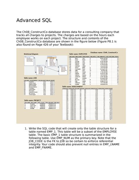 Lab Question Sheet Advanced Sql The Ch Constructco Database
