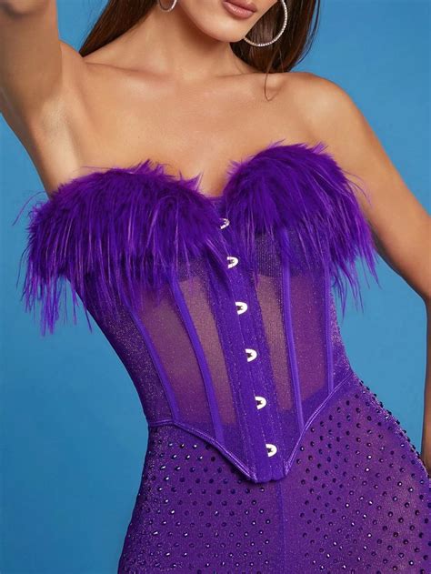 Fuzzy Trim Mesh Tube Top Mardi Gras Outfits Clothes For Women Tube Top