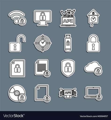 Set Line Laptop And Lock Cloud Computing Lock Vector Image