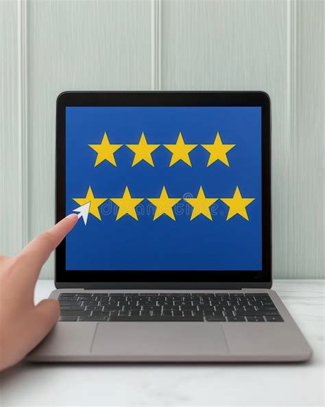 Online Customer Review Rating Five Star Feedback Laptop Screen Hand