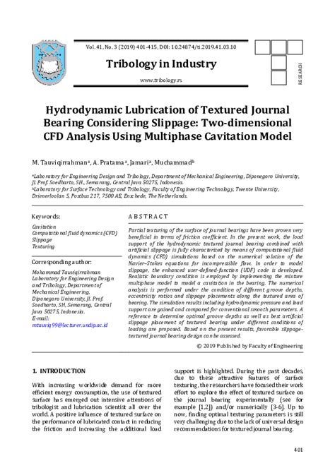 Pdf Hydrodynamic Lubrication Of Textured Journal Bearing Considering Slippage Two Dimensional