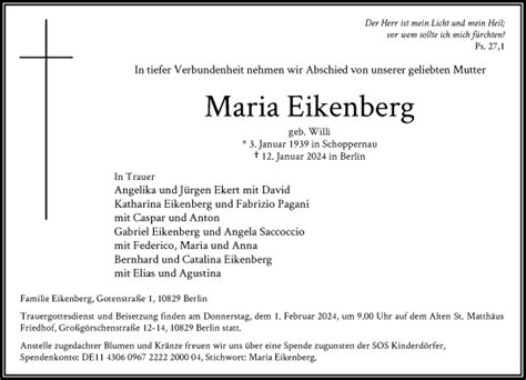 Traueranzeigen Von Maria Eikenberg Ga Trauer De