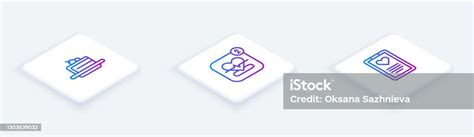 심박수와 의료 클립 보드와 아이소메트릭 라인 케이크 모바일을 설정합니다 흰색 정사각형 버튼 벡터 3차원 형태에 대한 스톡 벡터 아트 및 기타 이미지 Istock