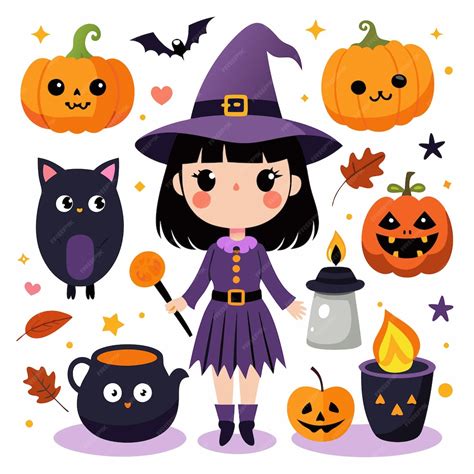 La Linda Bruja De Halloween Con Calabazas Y Un Gato Negro Vector