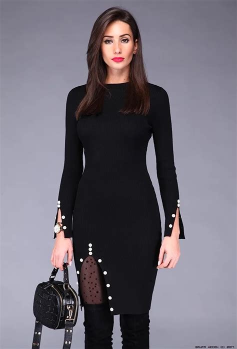 Kleezy Winter Women Business Casual Sheath Knee Length Black O Neck