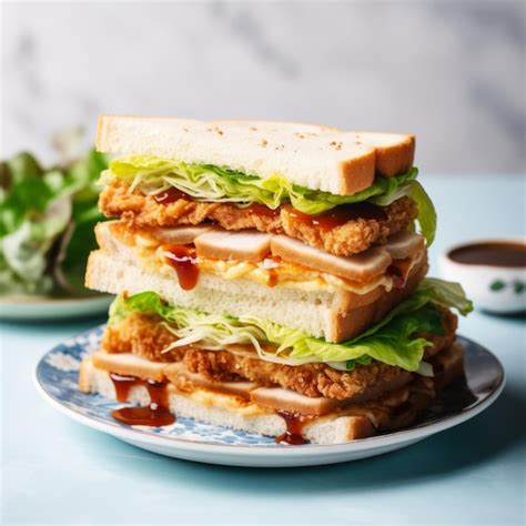 Sanduíche katsu sando carne de porco de frango e salada no fundo
