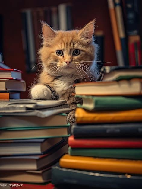 Premium Ai Image Cute Cat Studyiing