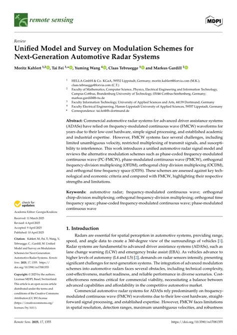 Pdf Unified Model And Survey On Modulation Schemes For Next Generation Automotive Radar Systems