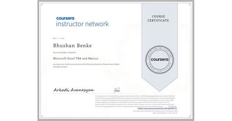 completion certificate for microsoft excel vba and macros bhushan benke