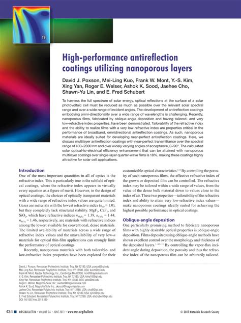 PDF High Performance Antireflection Coatings Utilizing Nanoporous Layers