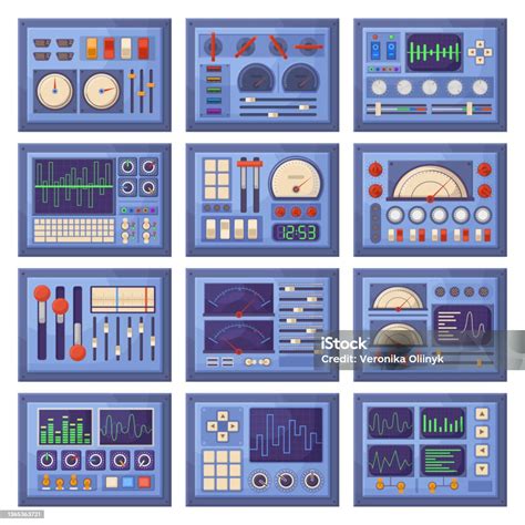 전기 대시보드 차트 버튼 및 튜너가 있는 제어판 복고풍 대시보드 컨트롤 패널은 벡터 일러스트 집합을 요소입니다 우주선 인터페이스 패널 복고풍에 대한 스톡 벡터 아트 및 기타