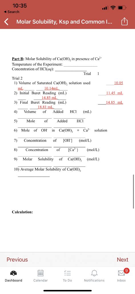 Solved Part B Molar Solubility Of Ca Oh 2 In Presence Of