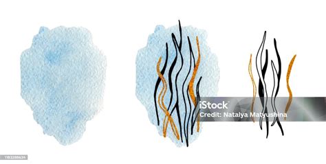 수채화 얼룩과 해초 컬렉션 배경 표지 스티커 템플릿 화장품 초대장의 디자인을위한 금색 흰색 배경에 손으로 고립 된 그림 금 금속에 대한 스톡 벡터 아트 및 기타 이미지