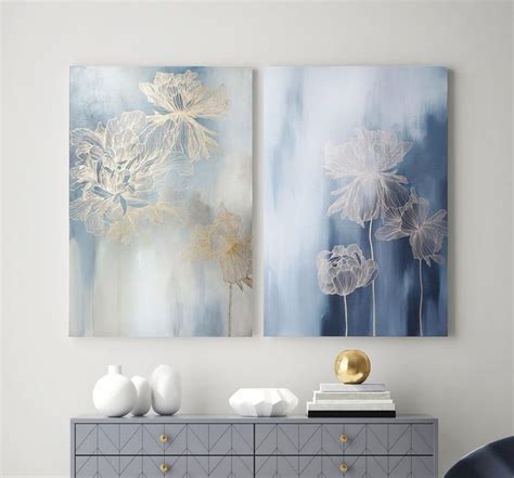 Gold Flowers Line Paint Abstract Flower Beige Blue Abstract Flowers