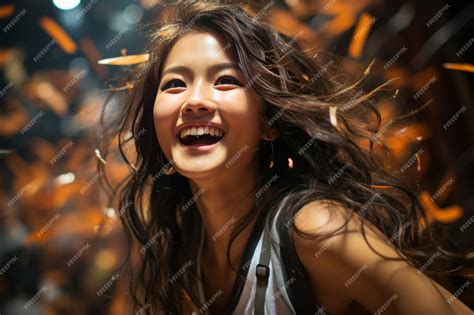 Premium Photo Cute Asian Female Sport Player Celebrating Winning With