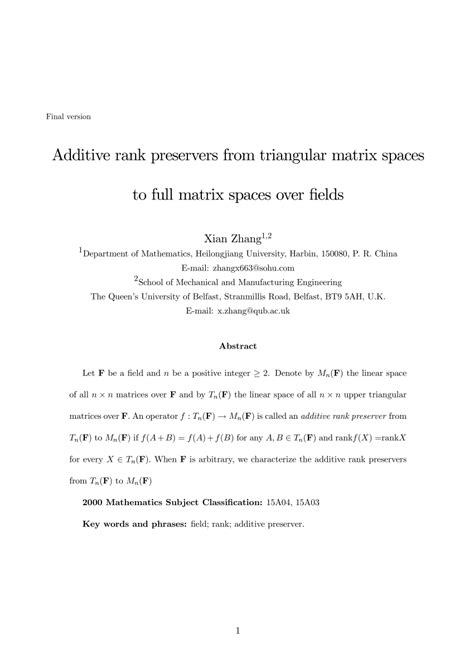 Pdf Additive Rank Preservers From Triangular Matrix Spaces To Full