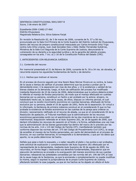 Sentencia Constitucional 0001 Divorcio Amparo Const Pdf Ley