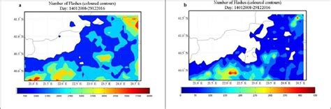 A Total Annual Lightning Density And B Total Annual Positive Flash