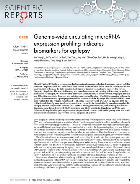 Pdf Genome Wide Circulating Microrna Expression Profiling Indicates Biomarkers For Epilepsy