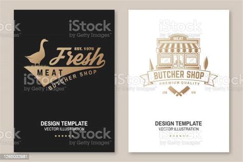 정육점 고기 가게 배지 또는 거위와 부엌 칼 라벨 벡터 빈티지 타이포그래피 로고 디자인 거위 부엌 칼 실루엣 육류 가게 시장 레스토랑 거위 고기에 대한 스톡 벡터 아트 및