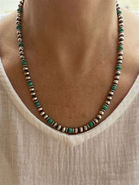 Navajo Pearls Necklace Green Malachite Beaded Necklace Sterling