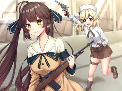 Safebooru 2girls Battle Rifle Blonde Hair Brown Hair Fingerless