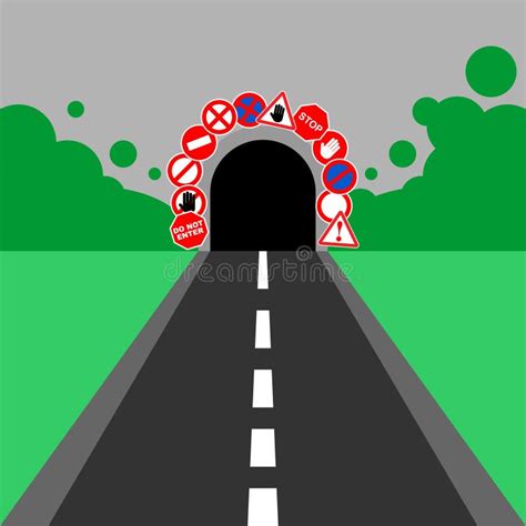 Dangerous Tunnel With Prohibition Signs Attention And Danger Signs
