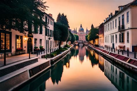 Premium Ai Image A Canal With A Red Boat And A Building With A Red Roof