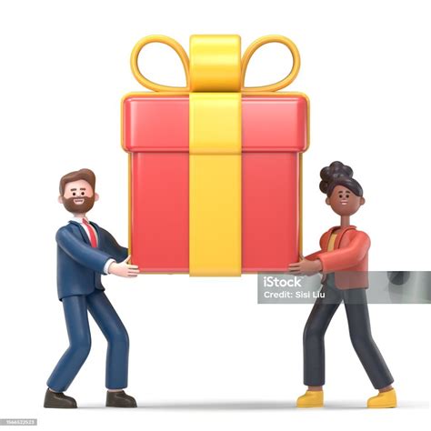 행복한 미소를 짓는 남자와 여자가 큰 선물 상자를 들고 있다 보너스 또는 특별 제안 현재3d 흰색 배경에 렌더링 건강한 생활방식에 대한 스톡 사진 및 기타 이미지 Istock