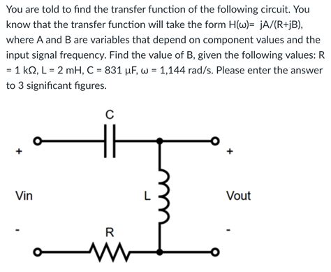 Solved You Are Told To Find The Transfer Function Of The Chegg Com