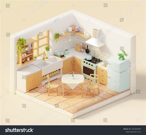 3d Isometric Cute Kitchen Room Interior Stock Illustration 2235926597