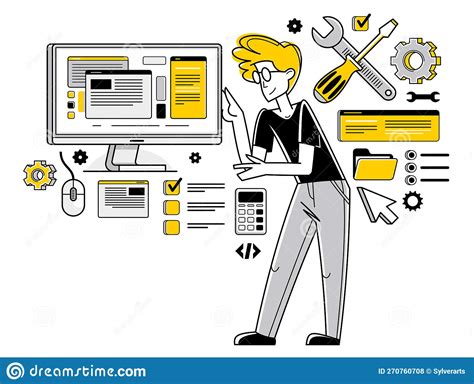 Technician Computer Engineer Repairing Pc Vector Outline Illustration Fixing System Work With