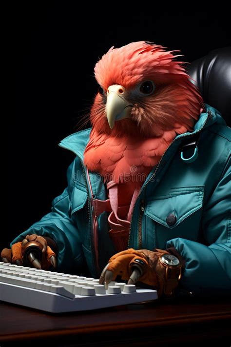 Red Parrot Wearing Blue Jacket Sitting In Front Of Keyboard Generative Ai Stock Illustration