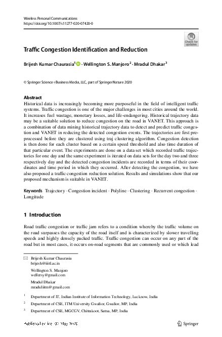 pdf traffic congestion identification and reduction