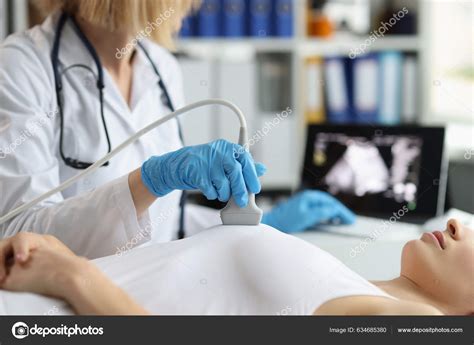 Doctor Makes Breast Ultrasound Young Woman Clinic Closeup Diagnosis