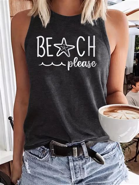 Beach Letter Print Tank Top Sleeveless Crew Neck Tank Top Casual