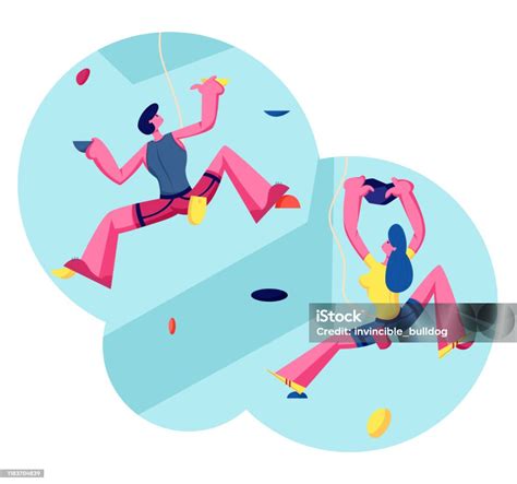 사람들이 벽을 등반 놀이 공원이나 놀이터에서 바위 스케일링 활동을위한 밧줄과 훈련과 스포츠를위한 레크리에이션 영역에서 재생 남자와 여자 게임 레저 만화 벡터 일러스트레이션