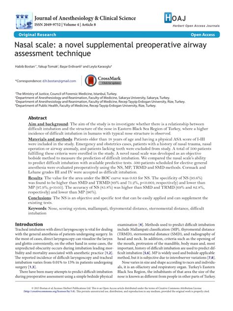 Pdf Nasal Scale A Novel Supplemental Preoperative Airway Assessment Technique