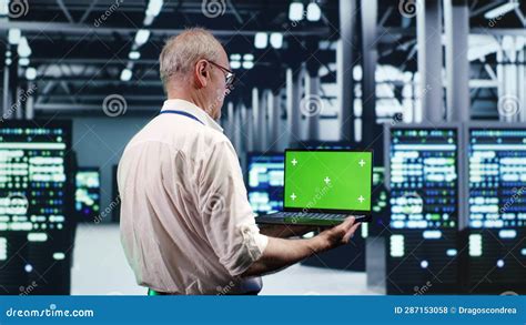 Expert Using Mockup Laptop In Server Hub Stock Footage Video Of