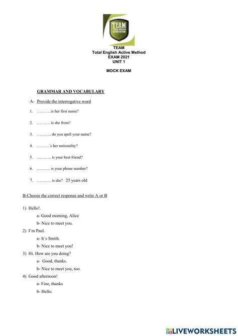 Mock Exam Unit 1 Level 1 Online Exercise For Live Worksheets