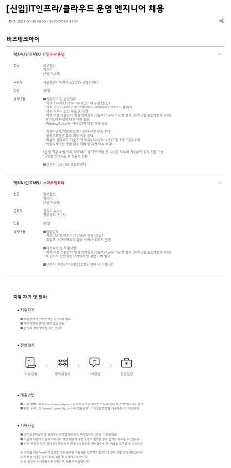Lg그룹비즈테크아이 It인프라클라우드 운영 엔지니어 신입 채용 공모전 대외활동 링커리어